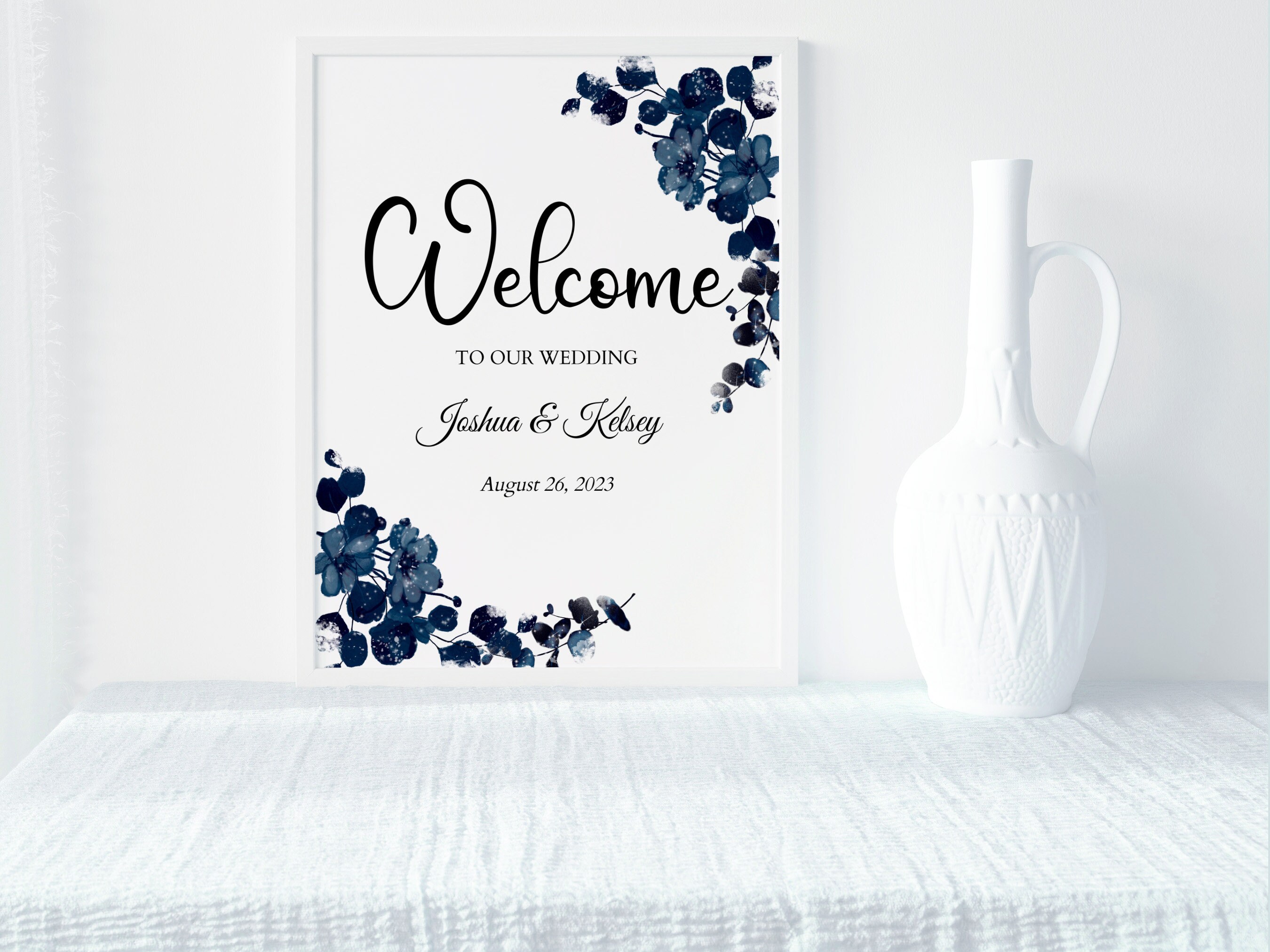 Navy Blue Floral Welcome Sign, Wedding Welcome Sign Template, Digital ...