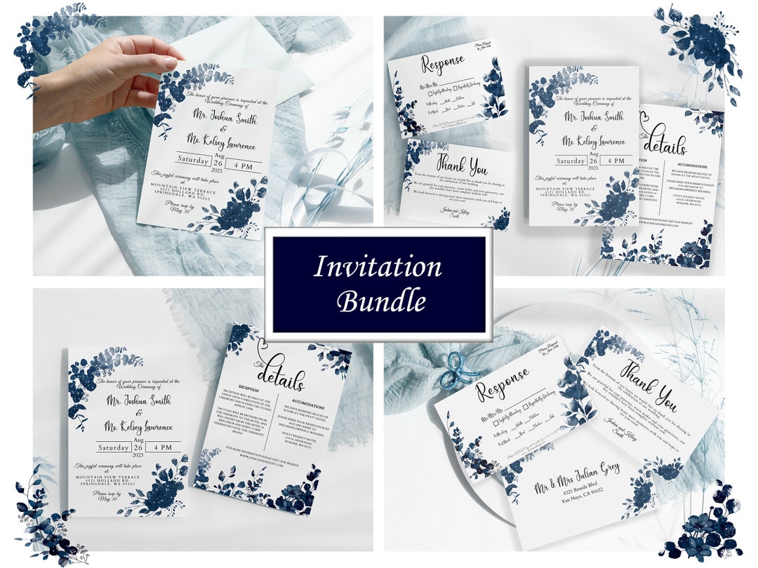 Navy Blue Floral Invite Bundle, Wedding Invitation Template Bundle ...