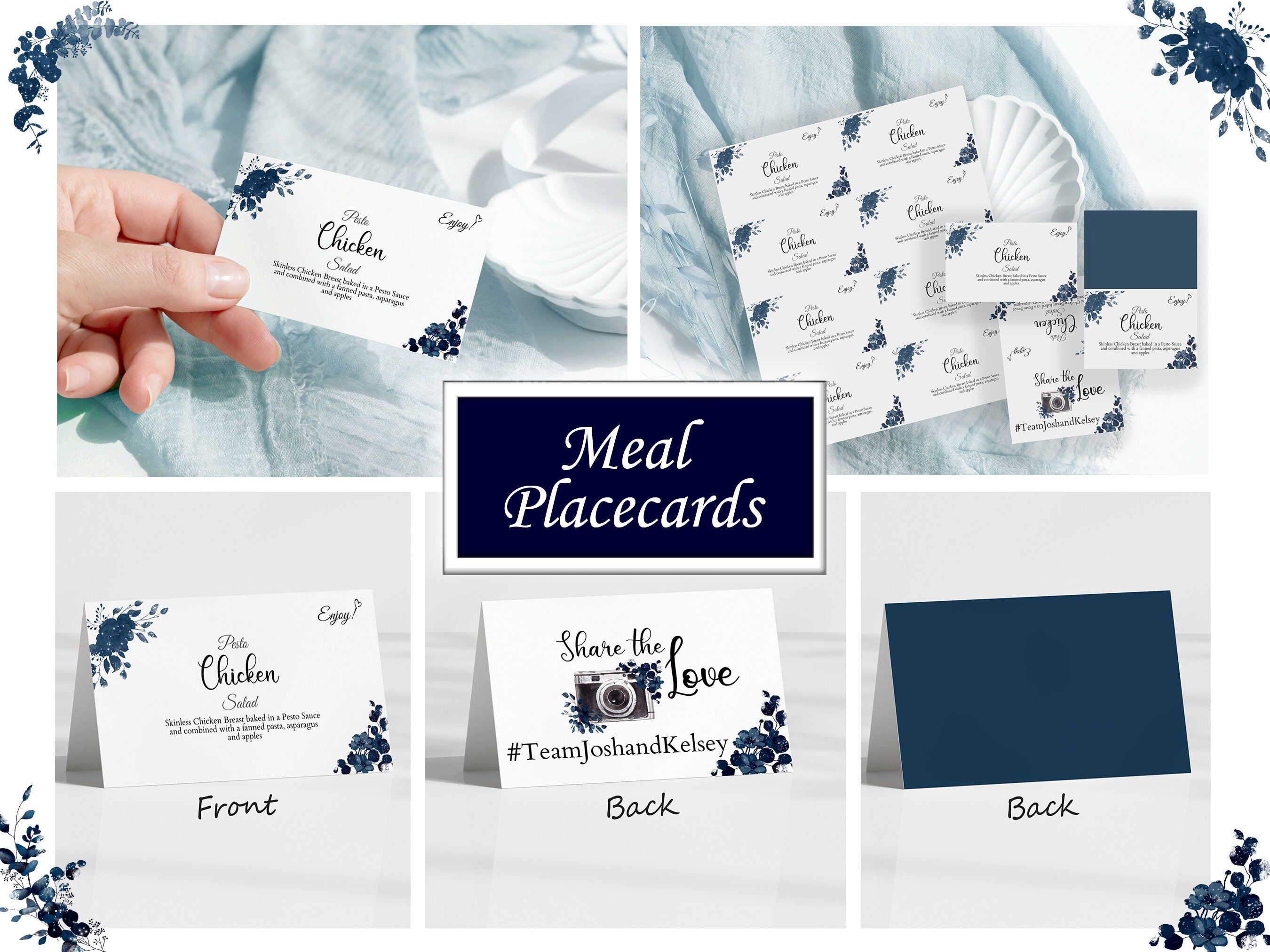 Navy Blue Floral Meal Table Placecards, Wedding Signs Template Bundle ...