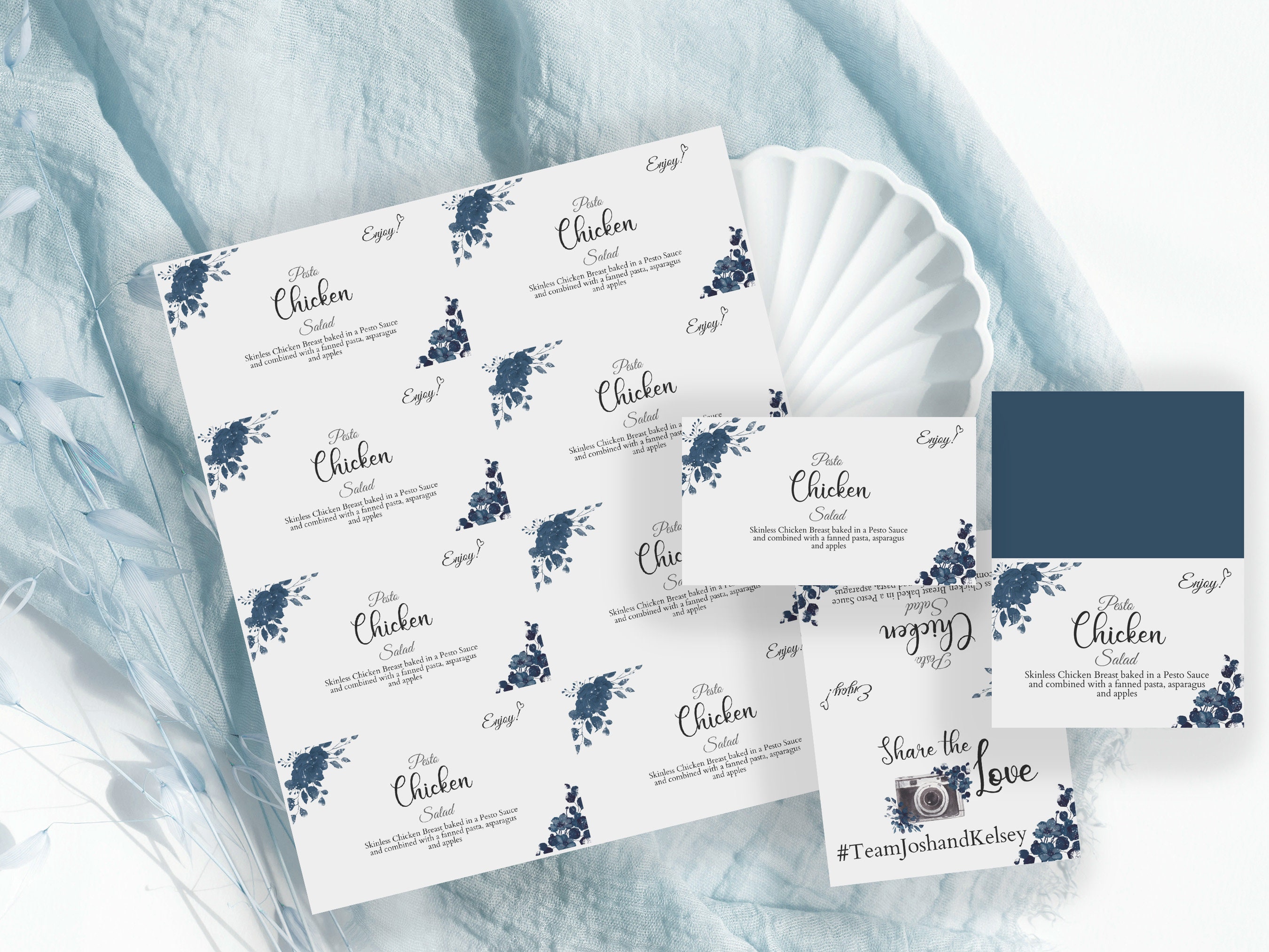 Navy Blue Floral Meal Table Placecards, Wedding Signs Template Bundle ...