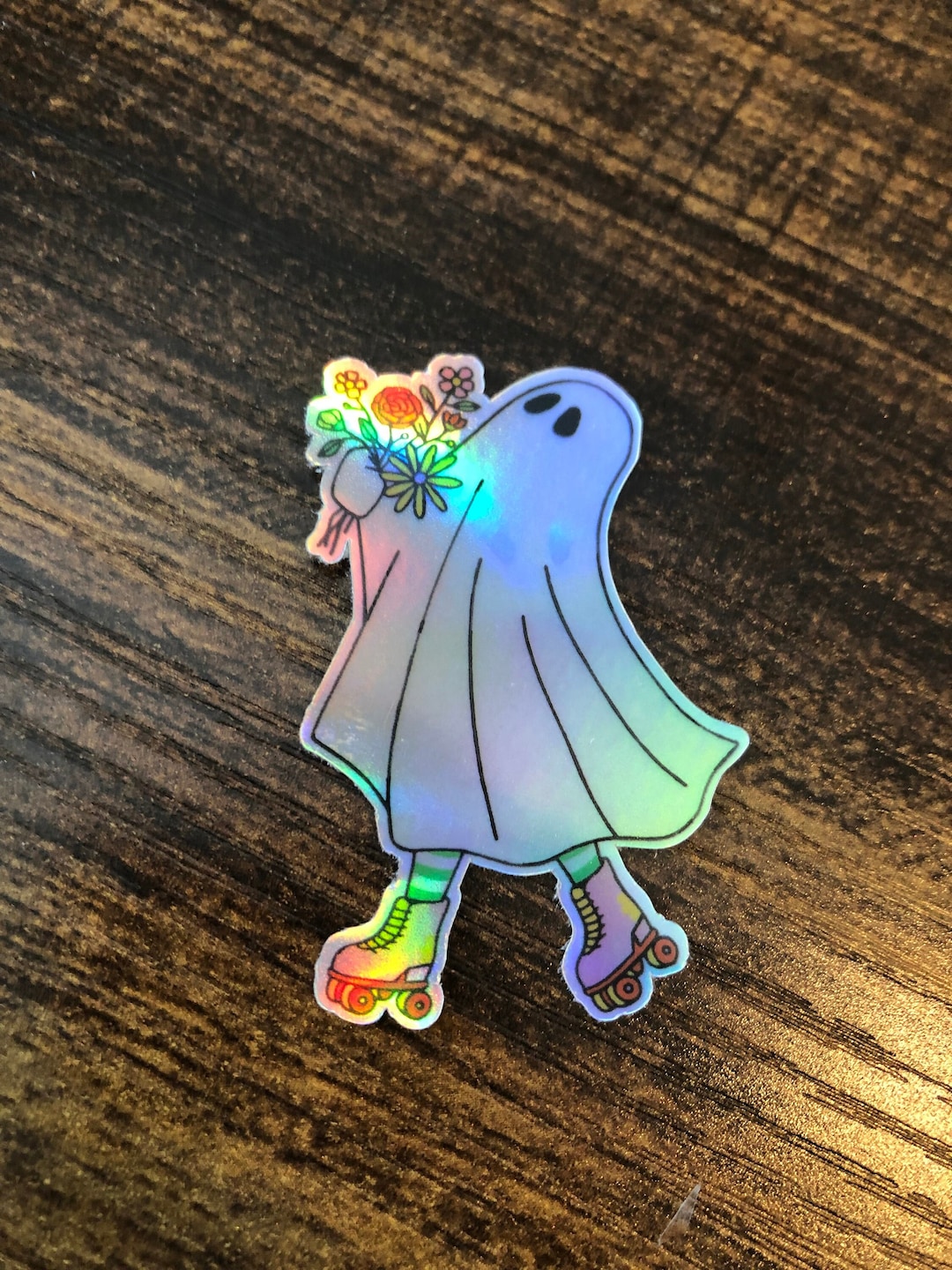 Holographic Roller Skating Ghost Vinyl Sticker, Floral Ghost, Cute ...