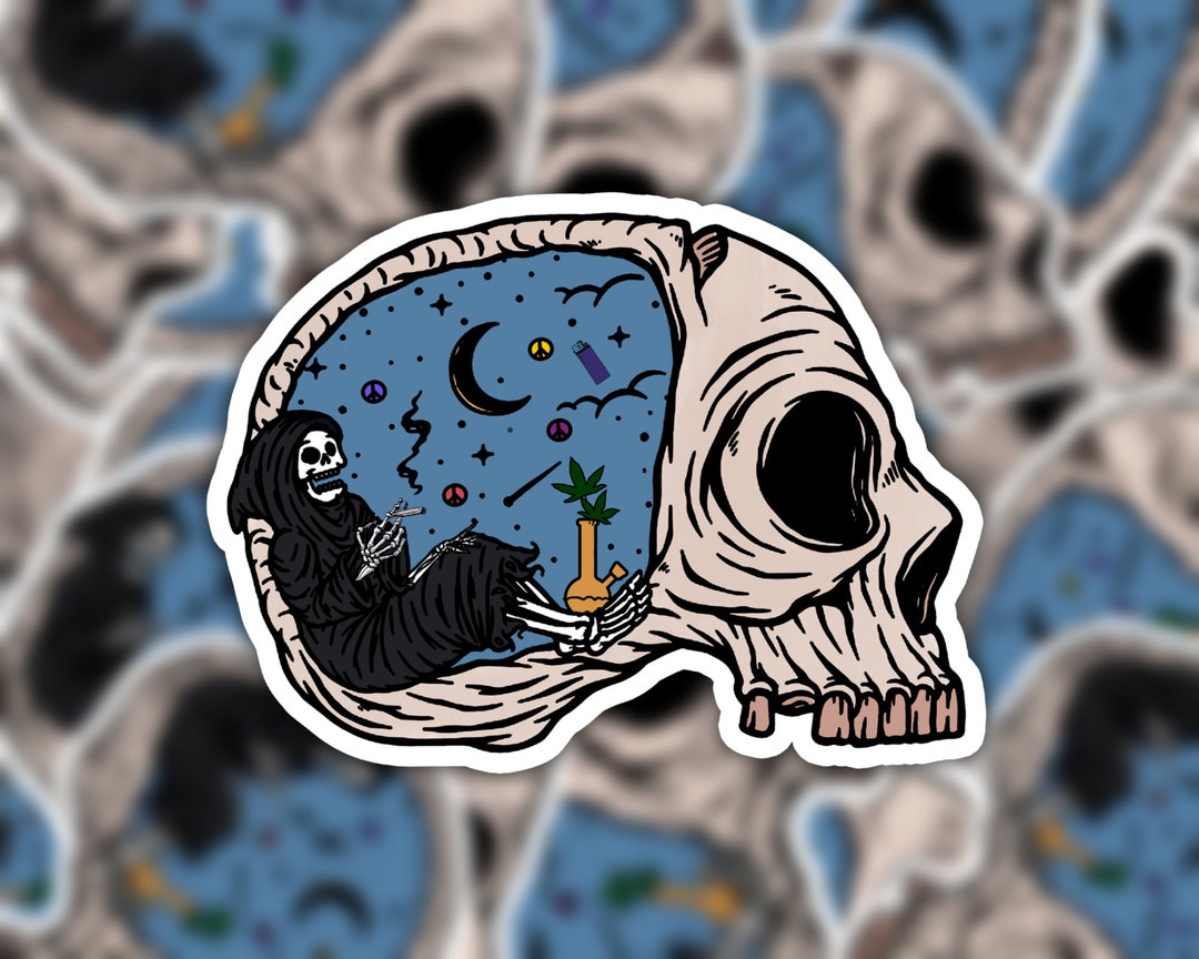 Grim Reaper Smoking Weed Inside A Skull Sticker, 420 Sticker, Marijuana ...