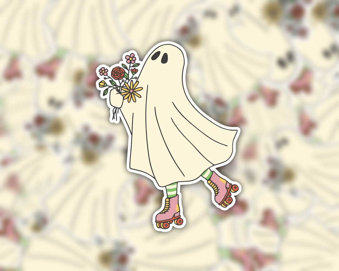 Roller Skating Ghost Vinyl Sticker, Floral Ghost, Cute Ghost Sticker ...