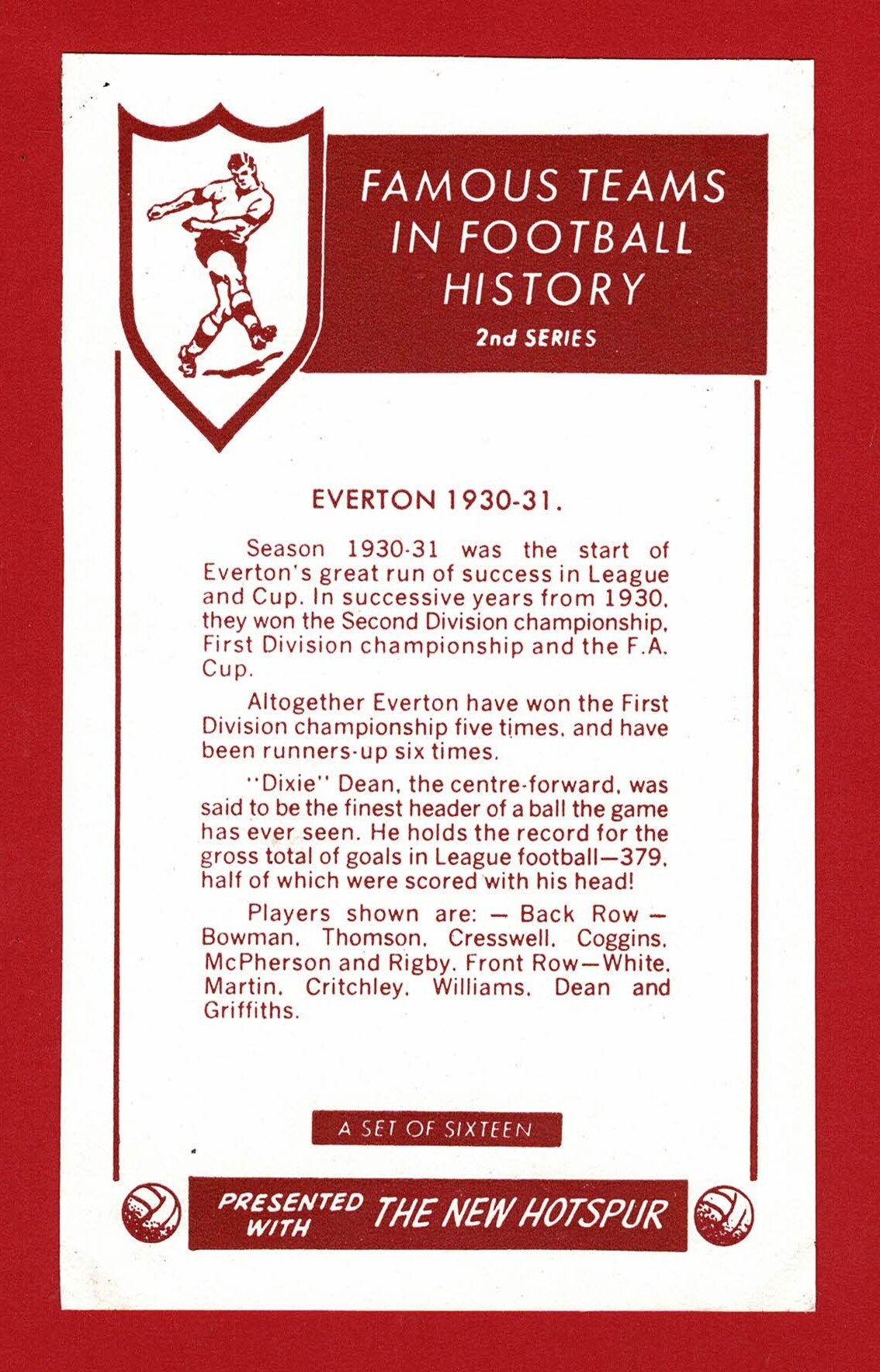 DIXIE DEAN / EVERTON Football Club Team Card 1930-31 - 'famous Teams in ...