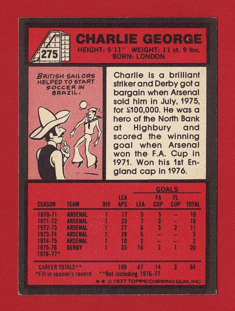 CHARLIE GEORGE ORIGINAL 1977 Footballer Gum Card Arsenal & - Etsy