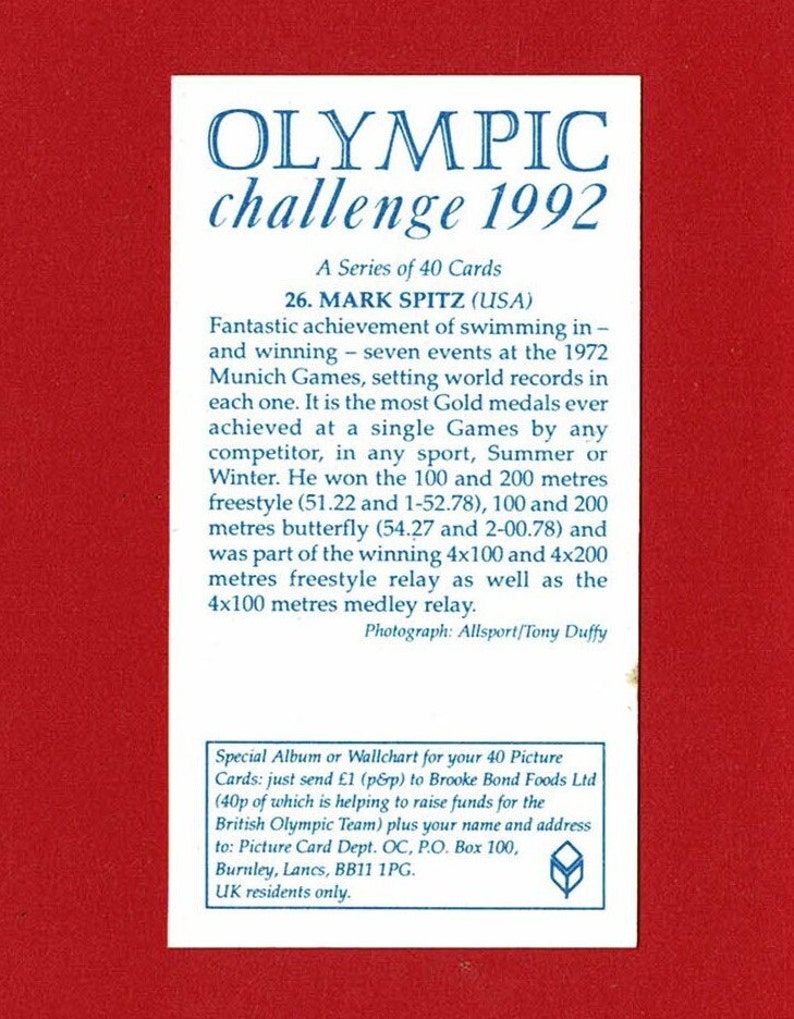 MARK SPITZ SWIMMING Trade Card Olympic Challenge 1992 British Tea Card ...