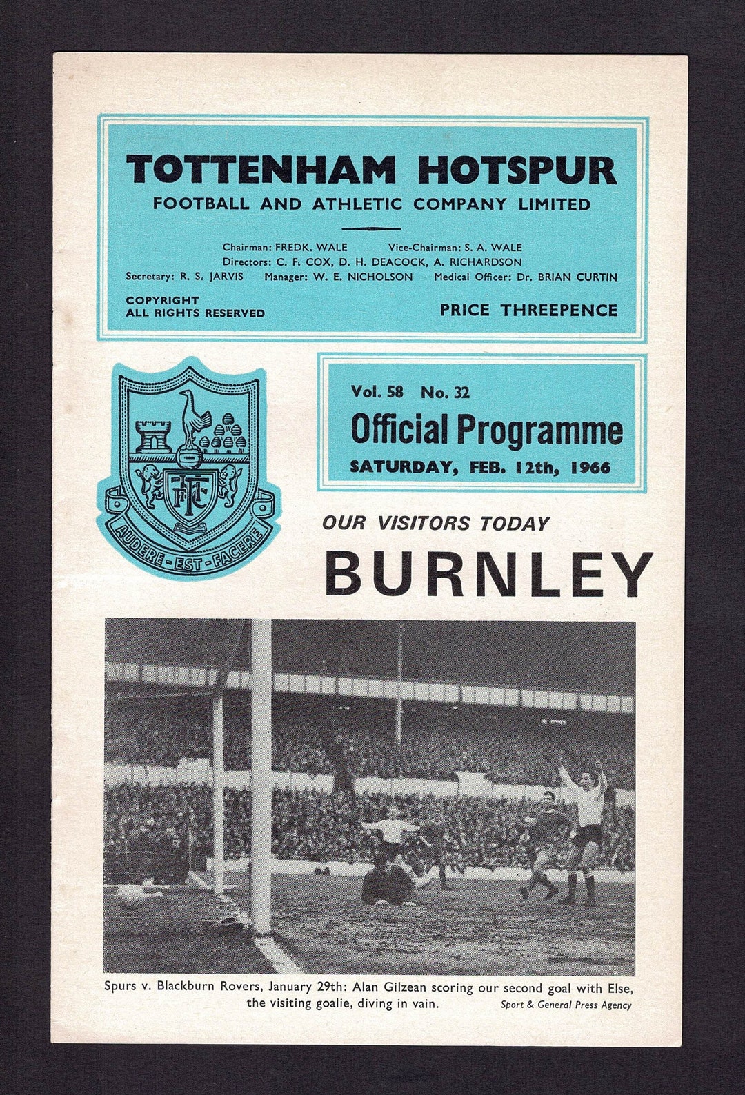 FEBRUARY 1966 - SPURS Football Programme - Tottenham Hotspur V Burnley ...