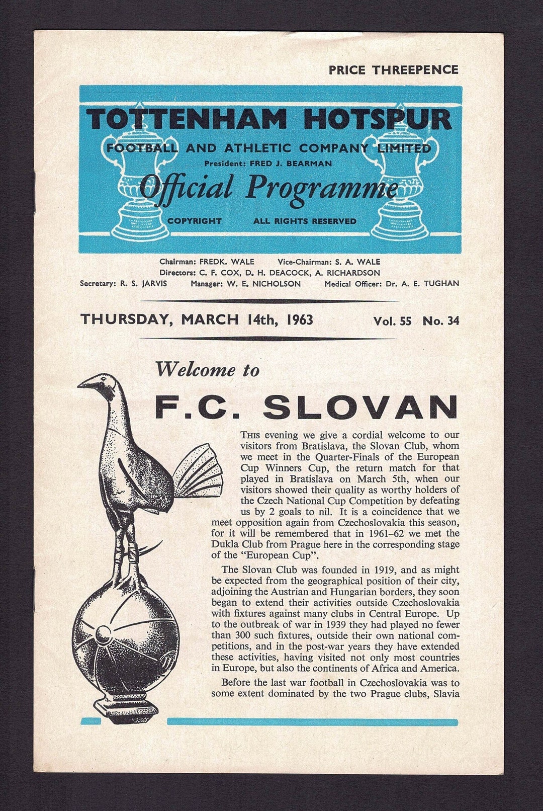 1963 SPURS V F.C. SLOVAN FOOTBALL Programme - Tottenham Hotspur - 14th ...