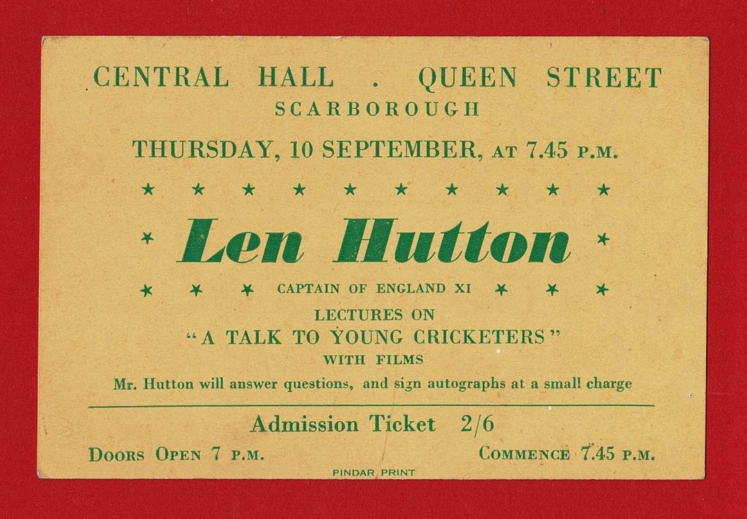 LEN HUTTON - 1950's Lecture Tour Ticket - 'A Talk to Young Cricketers ...