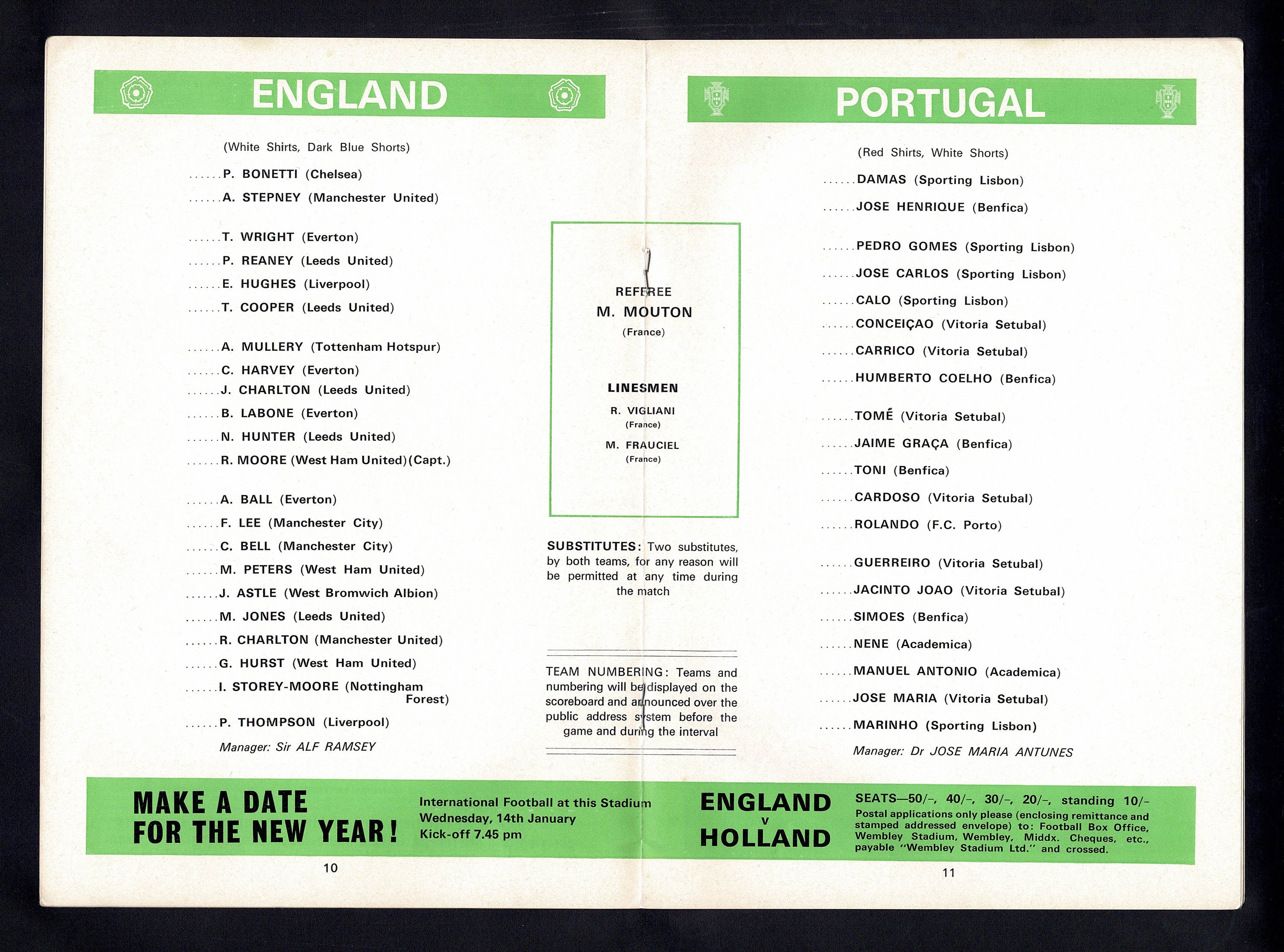 1969 ENGLAND International FOOTBALL Programme England V PORTUGAL 10th ...
