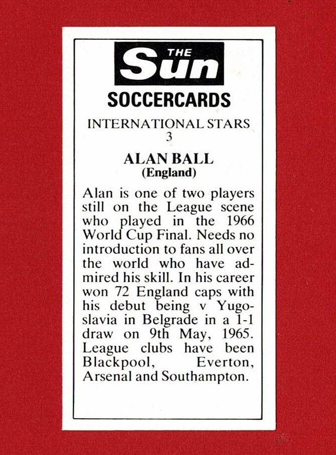ALAN BALL - Sun Newspaper SOCCERCARDS - Original 1978 Football Card ...