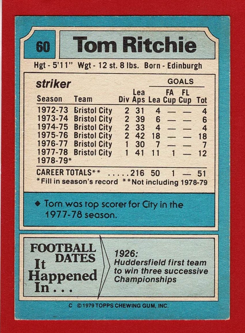 TOM RITCHIE - ORIGINAL 1979 Footballer Gum Card - Bristol City Football ...