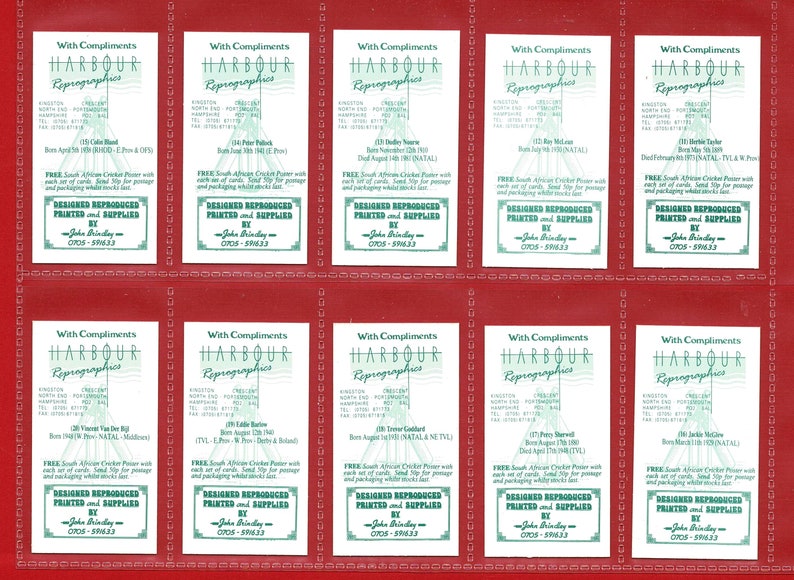 SOUTH AFRICAN TEST Cricket Trade Card Set 1888 to 1988 Cricketers Inc ...