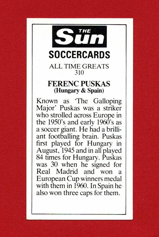 FERENC PUSKAS Sun Newspaper SOCCERCARDS Original 1978 Football Card ...