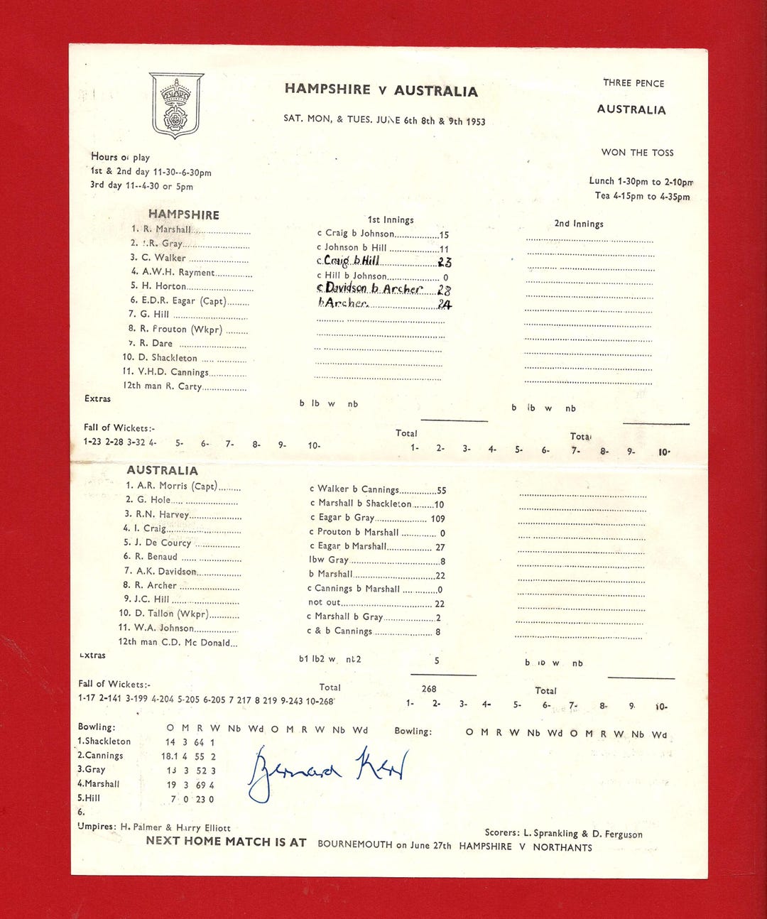 1953 AUSTRALIA CRICKET SCORECARD - Hampshire Vs Australia Ashes Touring ...