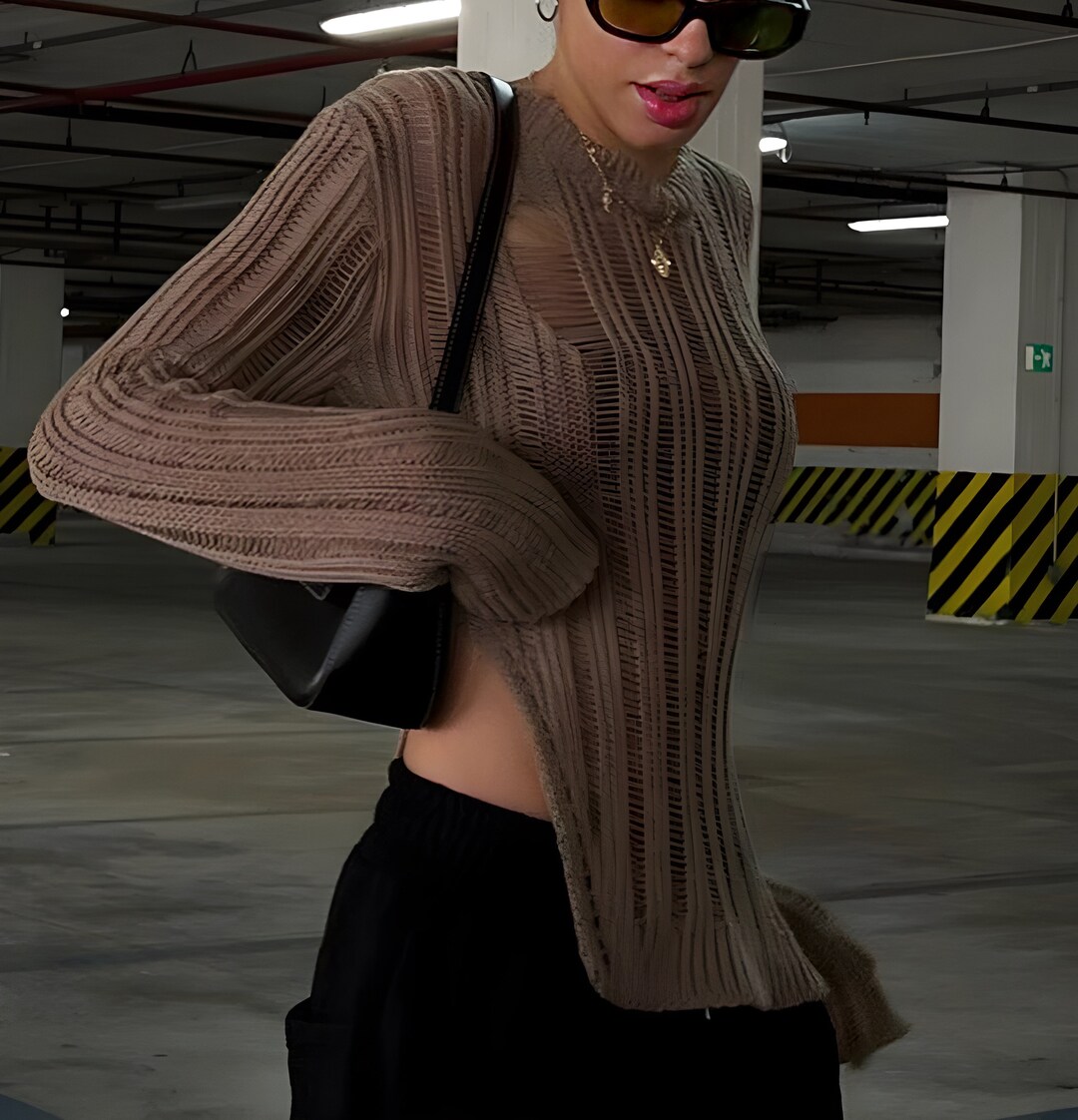 Y2K Brown Retro Ripped Knit Pullovers Loose Chic Smock - Etsy