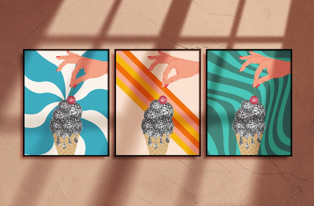 Set of 3 Digital Disco Ice Cream Cone Prints - Etsy