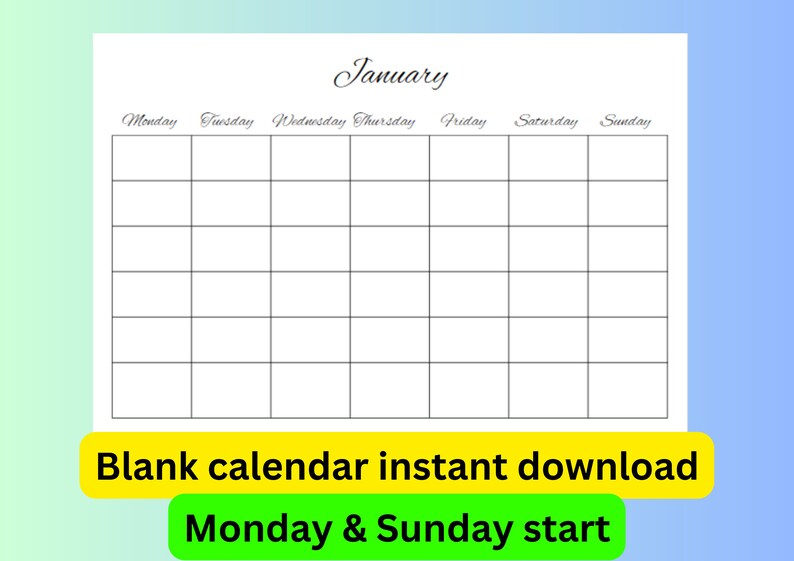 Blank Monthly Calendar, Monday and Sunday Start, Simple Printable ...