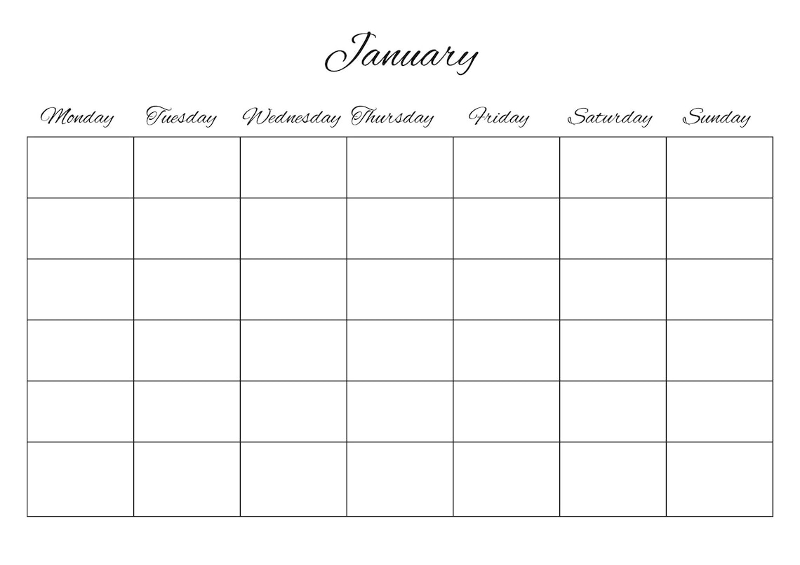 Blank Monthly Calendar, Monday and Sunday Start, Simple Printable ...