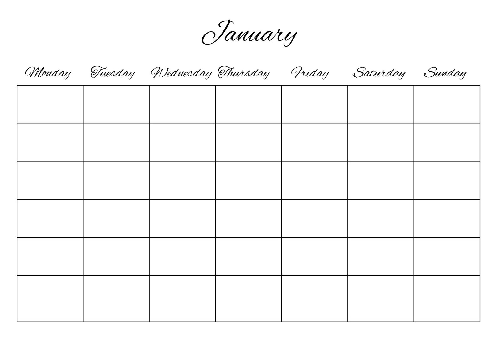 Blank Monthly Calendar, Monday and Sunday Start, Simple Printable ...
