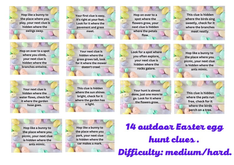 Easter Egg Hunt Clues for Outdoor Scavenger Hunt. Difficulty; Medium ...