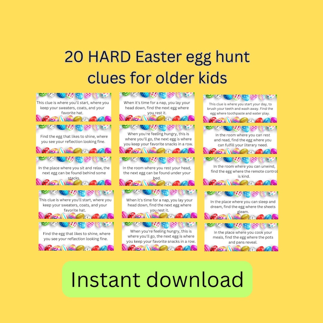 20 Hard Easter Egg Hunt Clues for Older Kids. Easter Egg Scavenger Hunt ...