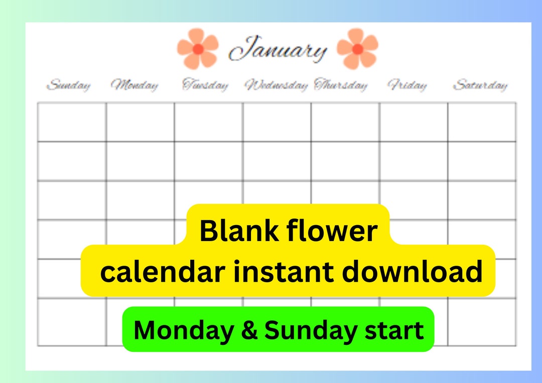 Blank Monthly Calendar, Monday and Sunday Start, Simple Printable ...