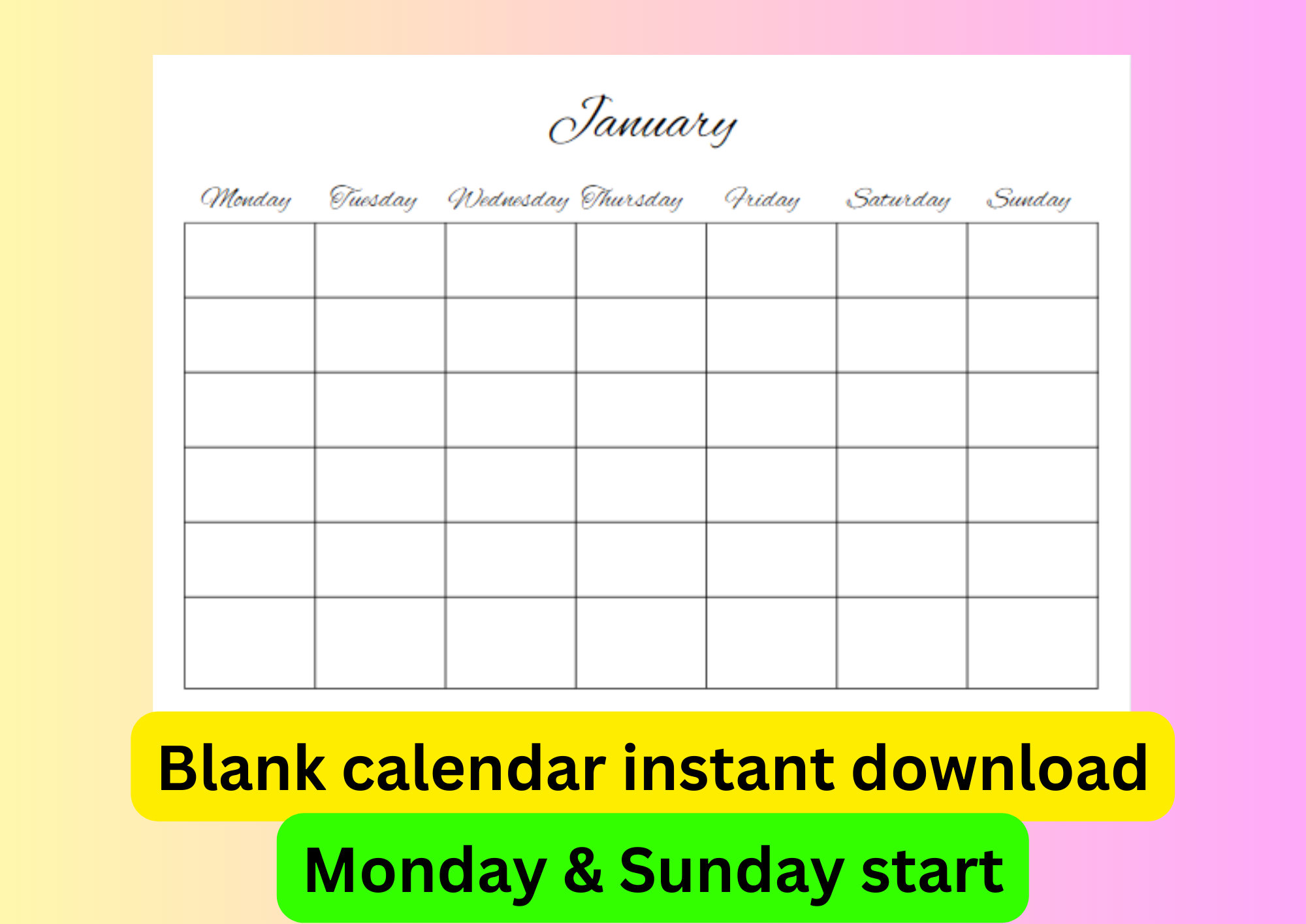 Blank Monthly Calendar, Monday and Sunday Start, Simple Printable ...