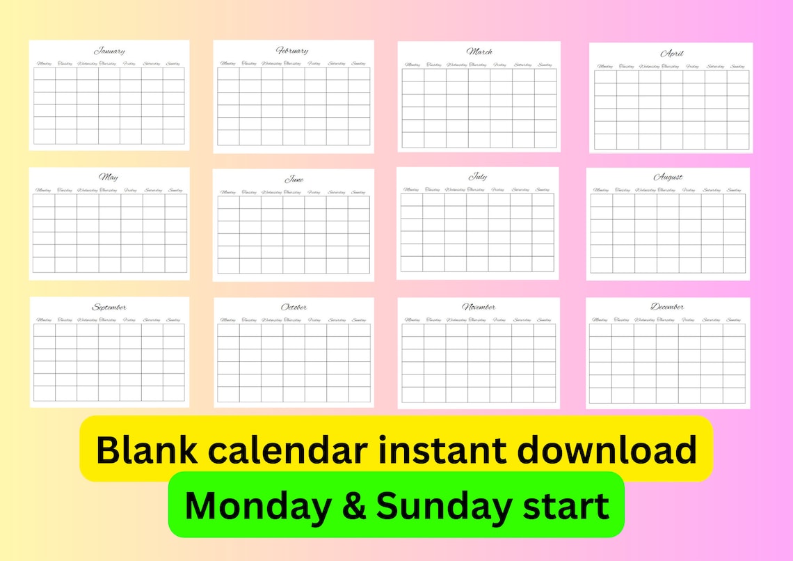 Blank Monthly Calendar, Monday and Sunday Start, Simple Printable ...