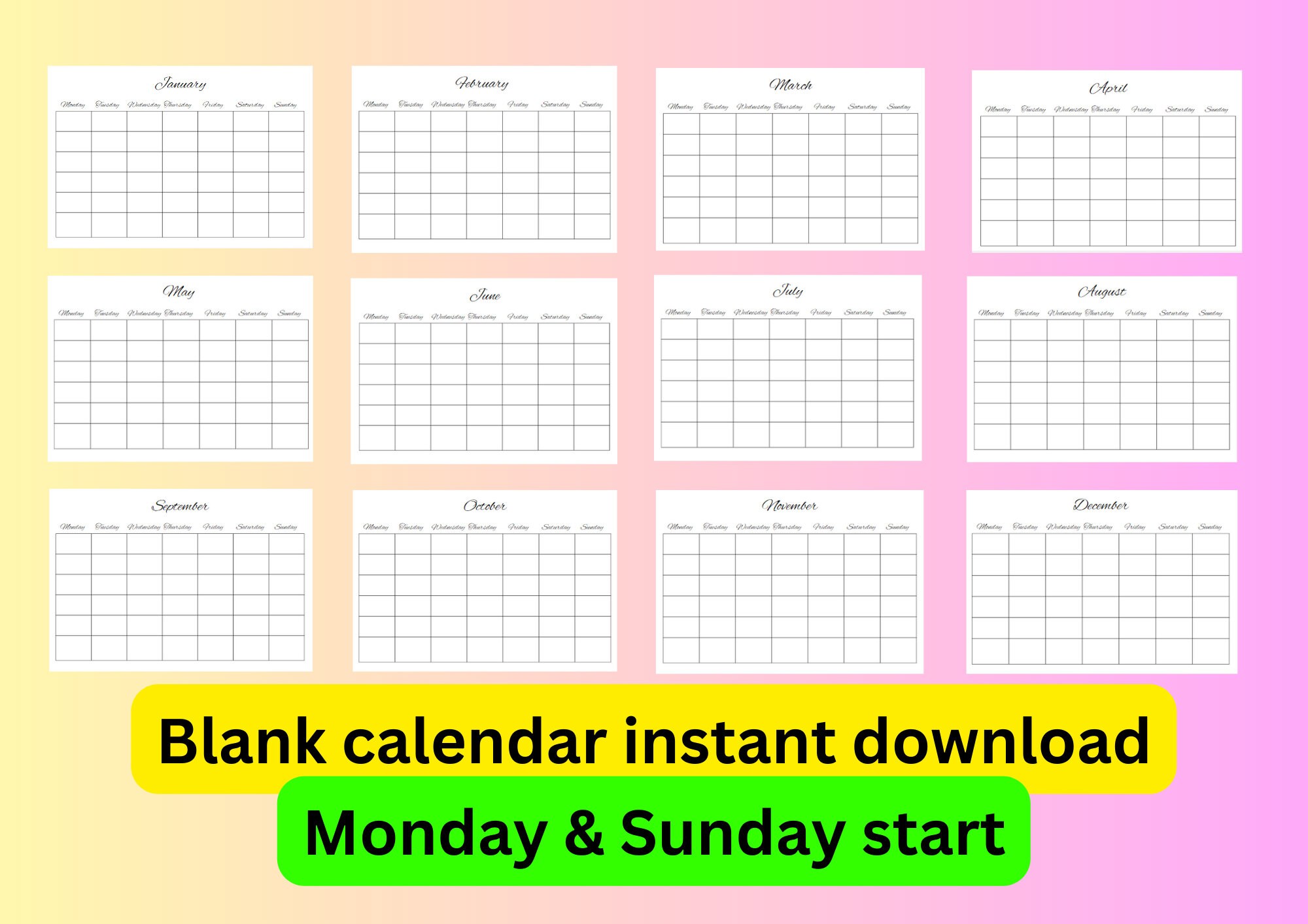 Blank Monthly Calendar, Monday and Sunday Start, Simple Printable ...