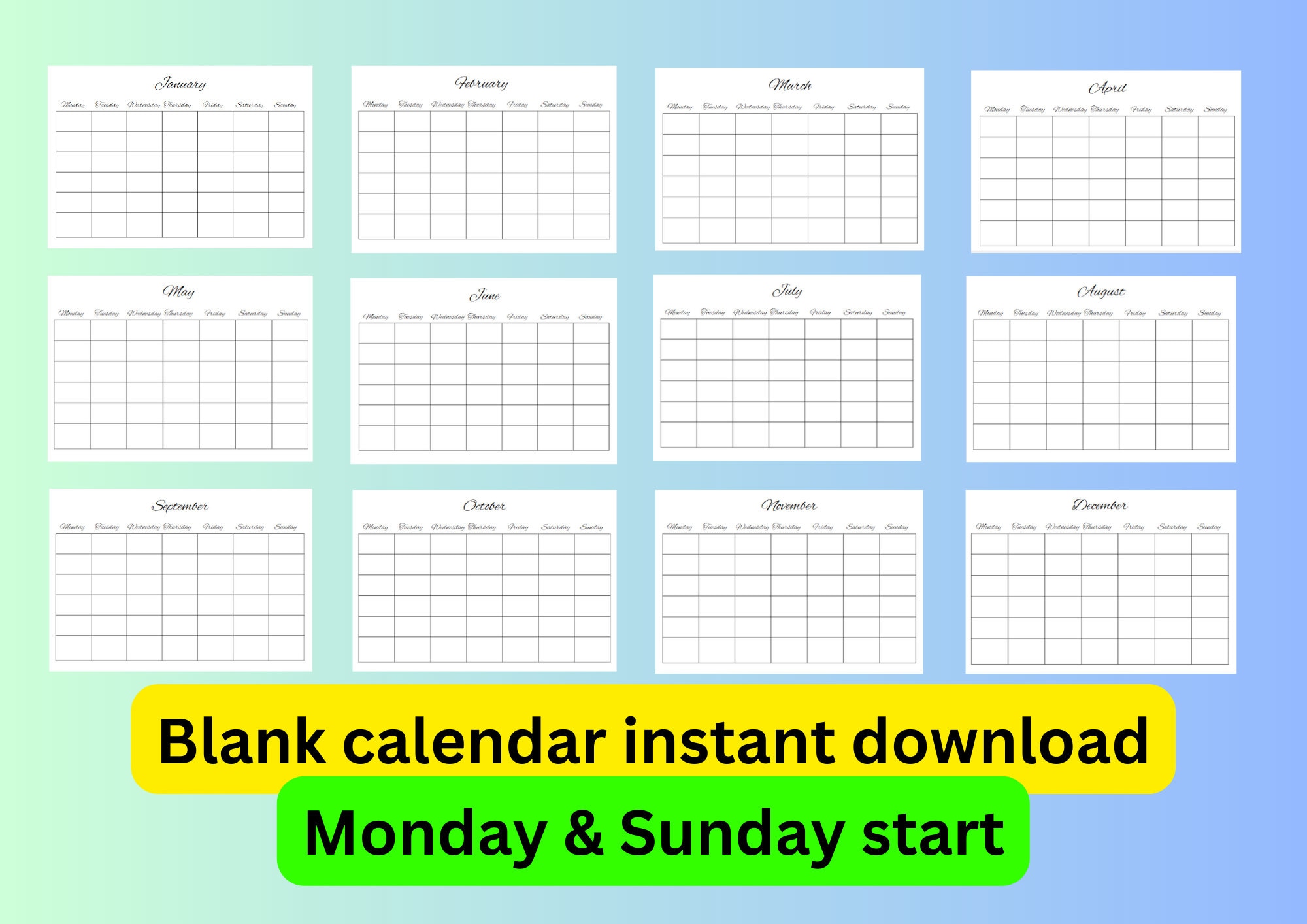 Blank Monthly Calendar, Monday and Sunday Start, Simple Printable ...