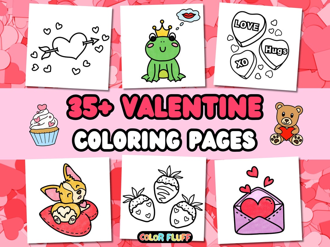 35 Valentine Coloring Pages for Adults and Kids, Digital Printable Bold ...