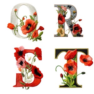 Faux Embroidery PNG Alphabet Bundle, Poppy Flowers Alphabets PNG ...