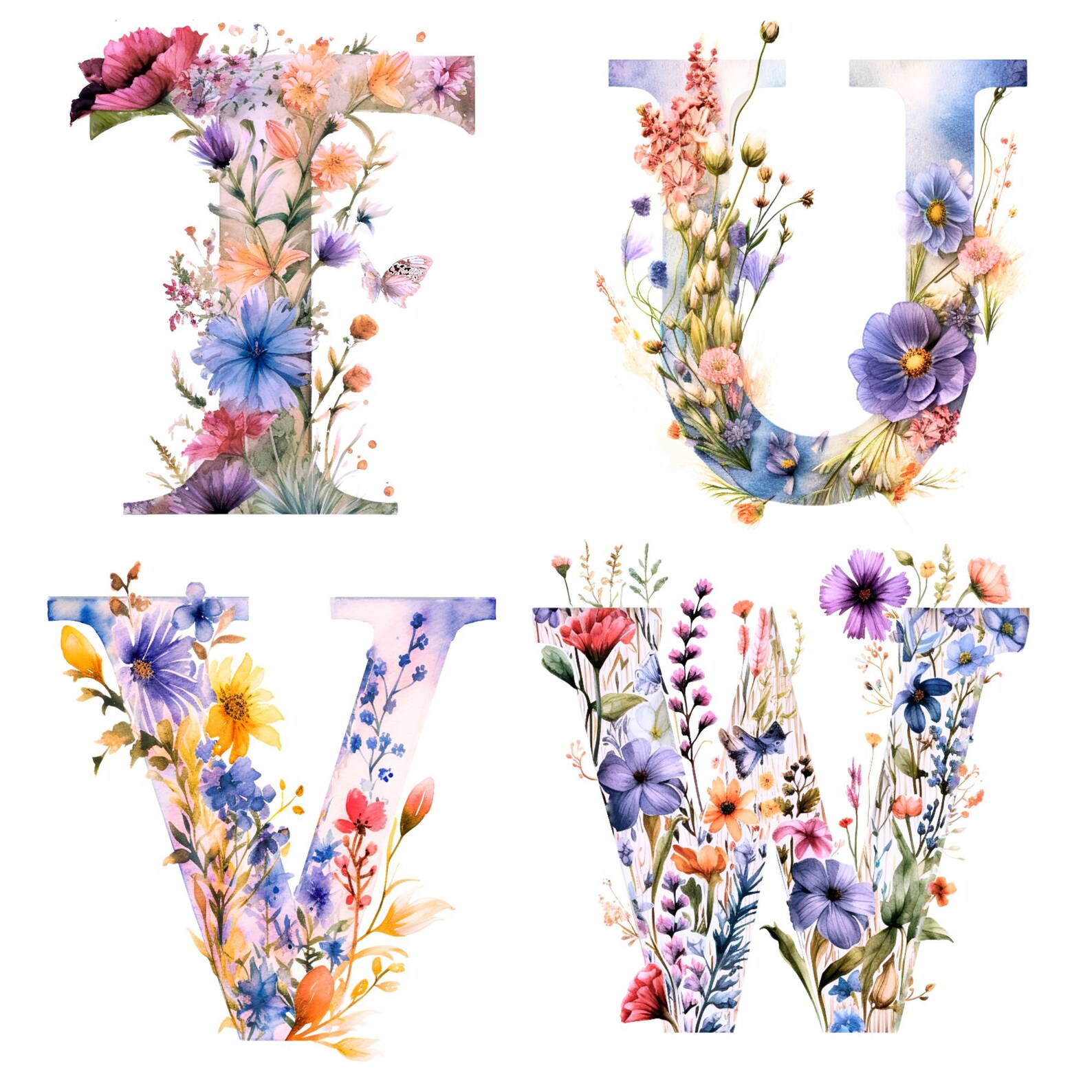 Watercolor Floral Alphabet Letters Clipart PNG Set of Floral Pictures ...