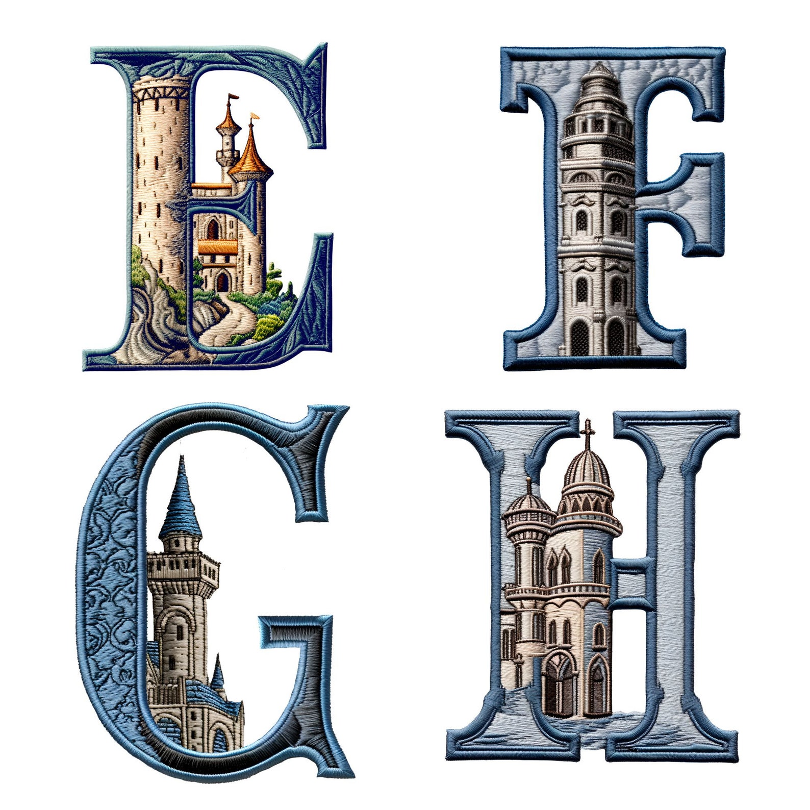 Faux Embroidery Blue Castle Letters Png, Embroidery Letters Castle ...