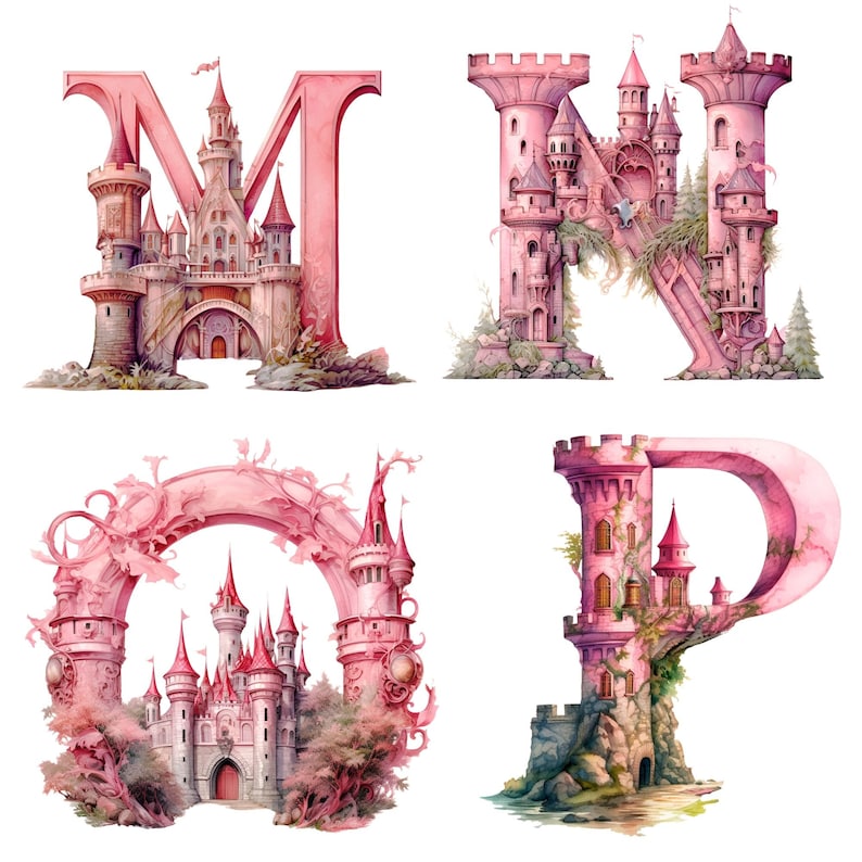 Princess Castle Alphabet PNG | Fairytale Pink Letters | Watercolor ...