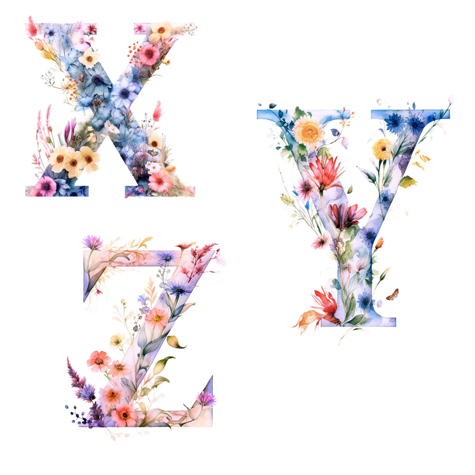 Watercolor Floral Alphabet Letters Clipart PNG Set of Floral Pictures ...