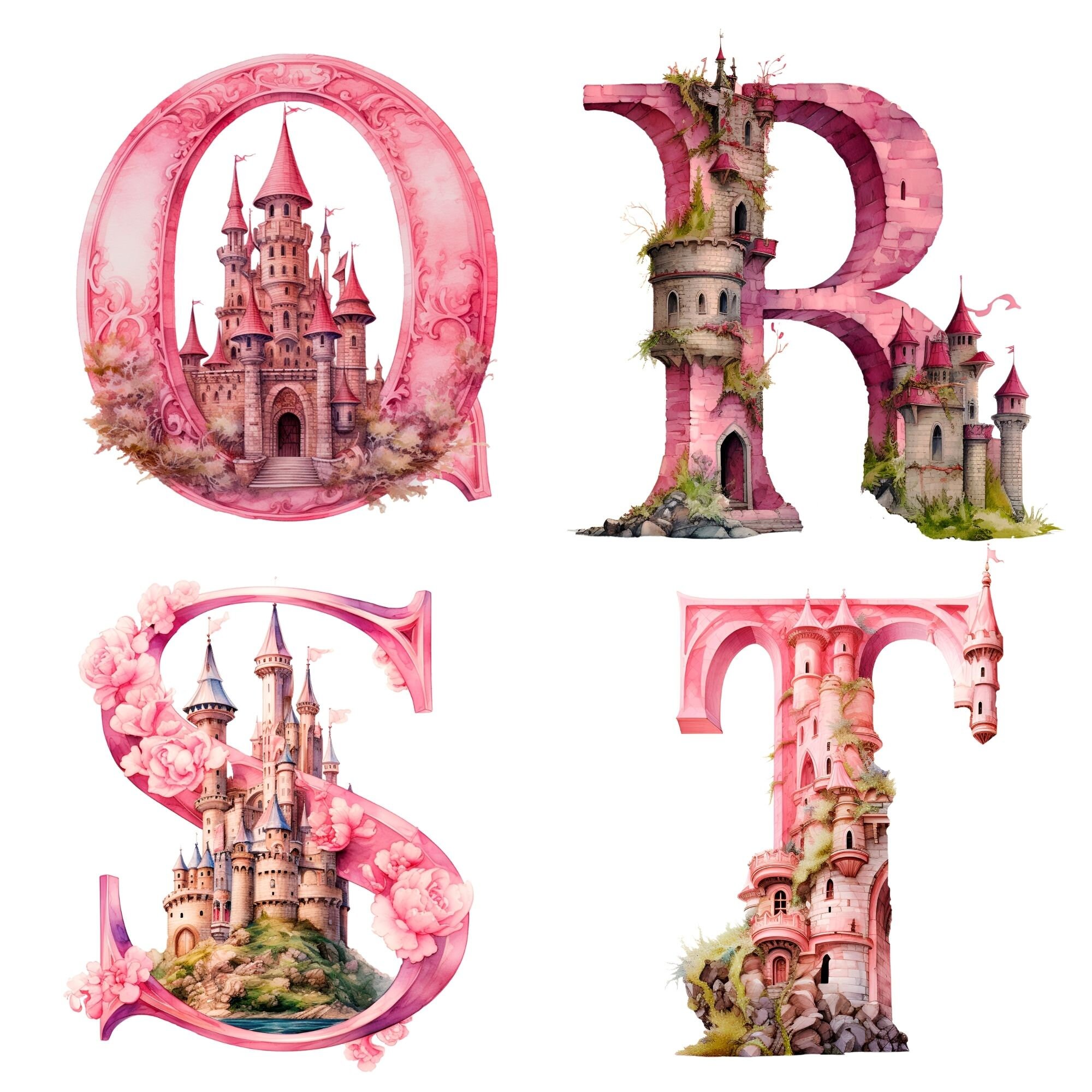 Princess Castle Alphabet PNG | Fairytale Pink Letters | Watercolor ...