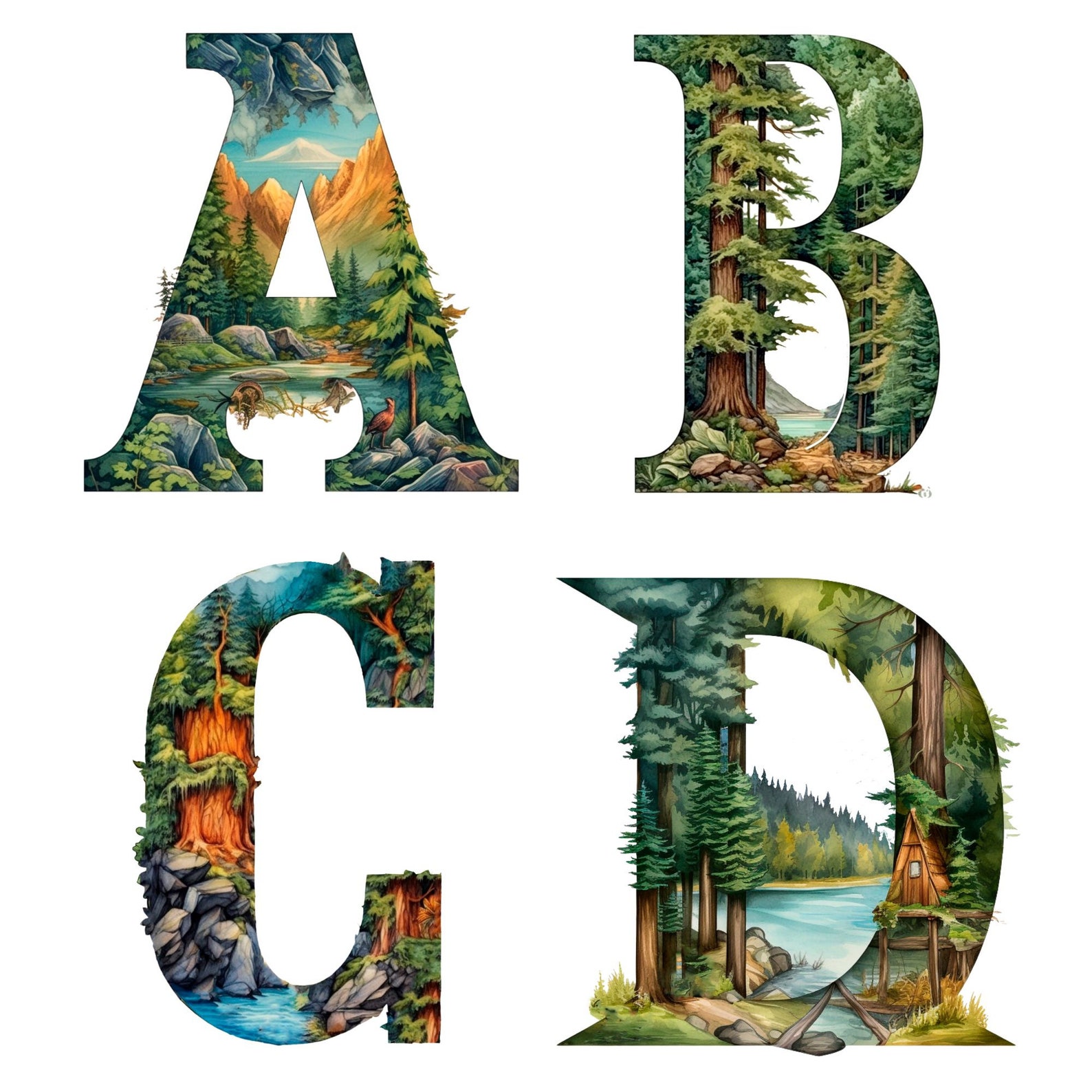 Watercolor Green Woodland Alphabet 26x PNG/ Clip Art Bundle/ Fancy ...