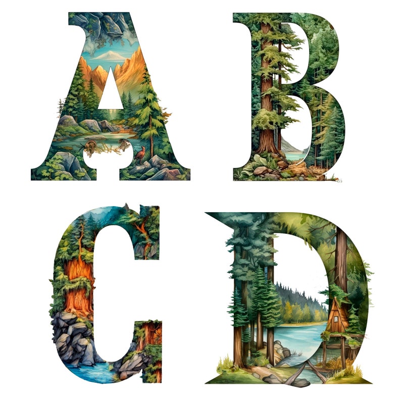 Watercolor Green Woodland Alphabet 26x PNG/ Clip Art Bundle/ Fancy ...