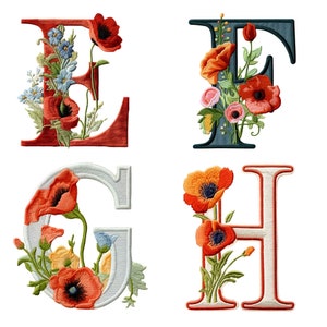 Faux Embroidery PNG Alphabet Bundle, Poppy Flowers Alphabets PNG ...