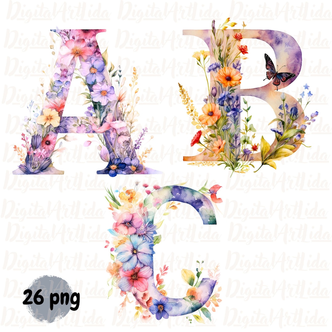 Watercolor Floral Alphabet Letters Clipart PNG Set of Floral Pictures ...