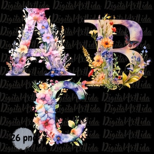 Watercolor Floral Alphabet Letters Clipart PNG Set of Floral Pictures ...