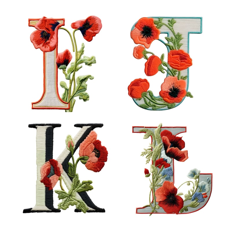 Faux Embroidery PNG Alphabet Bundle, Poppy Flowers Alphabets PNG ...