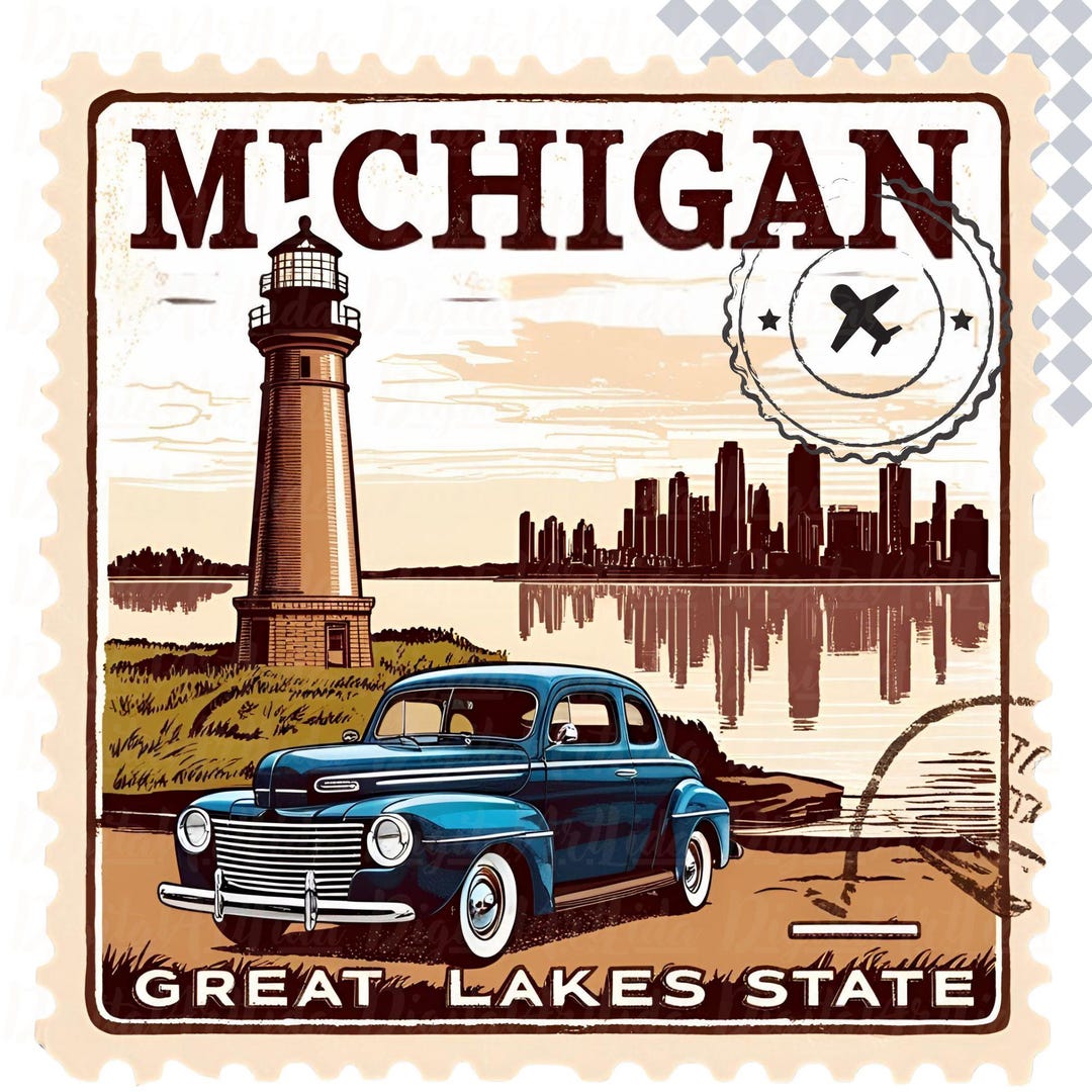Michigan State Stamp Design: Vintage Patriotic PNG (digital Download ...