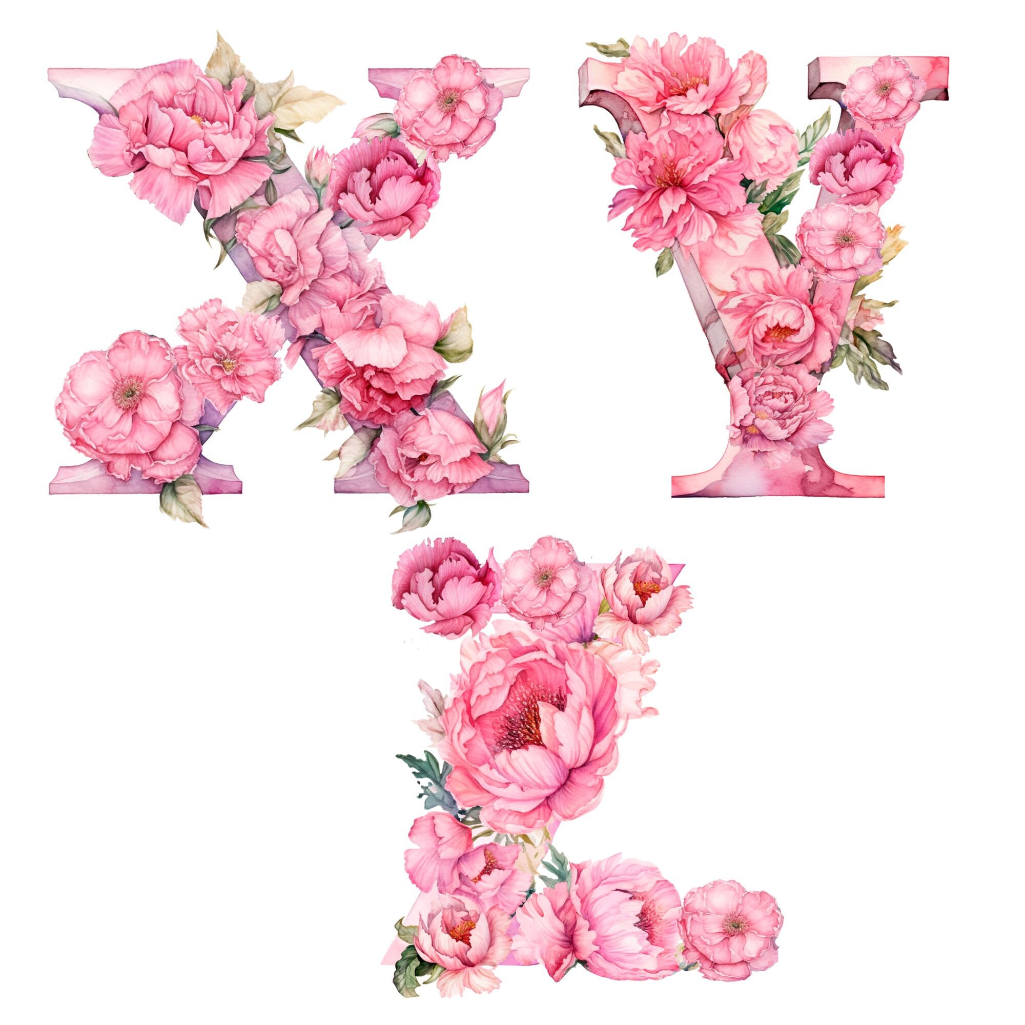Watercolor Floral Letters Alphabet Clipart: Pink Peonies PNG Set ...
