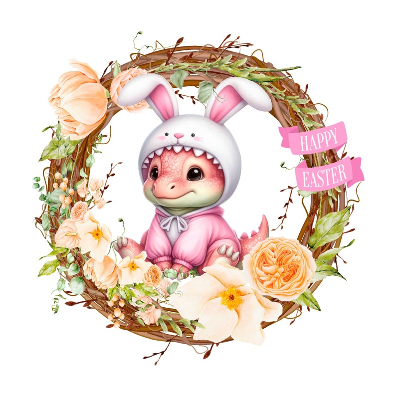 Easter Wreath Dinosaur Clip Art, Spring Sublimation, Easter Bunny Ears ...