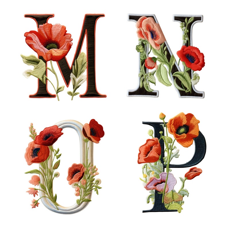 Faux Embroidery PNG Alphabet Bundle, Poppy Flowers Alphabets PNG ...