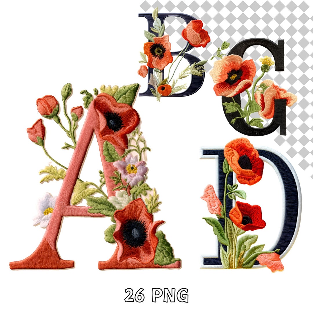 Faux Embroidery PNG Alphabet Bundle, Poppy Flowers Alphabets PNG ...