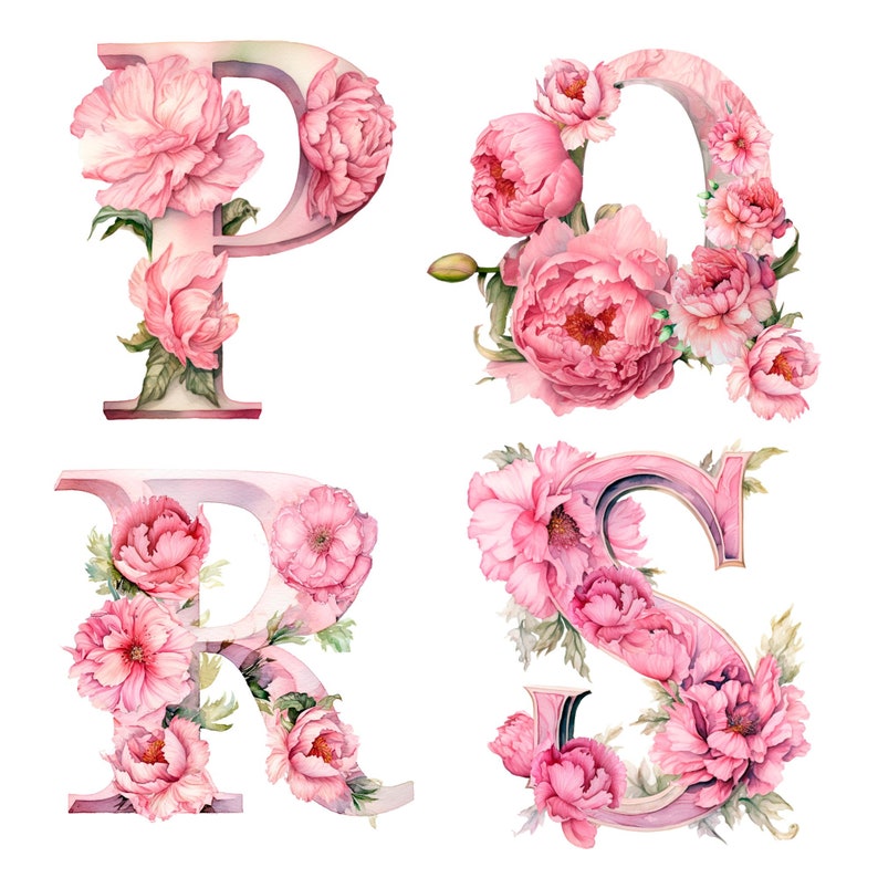 Watercolor Floral Letters Alphabet Clipart: Pink Peonies PNG Set ...